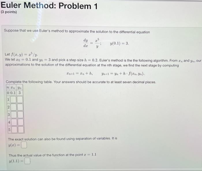Solved Euler Method: Problem 1 (3 points) Suppose that we | Chegg.com