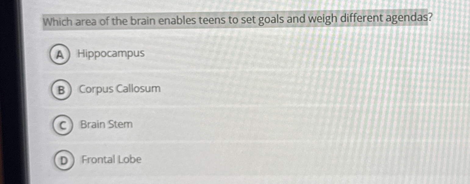 Solved Which area of the brain enables teens to set goals | Chegg.com