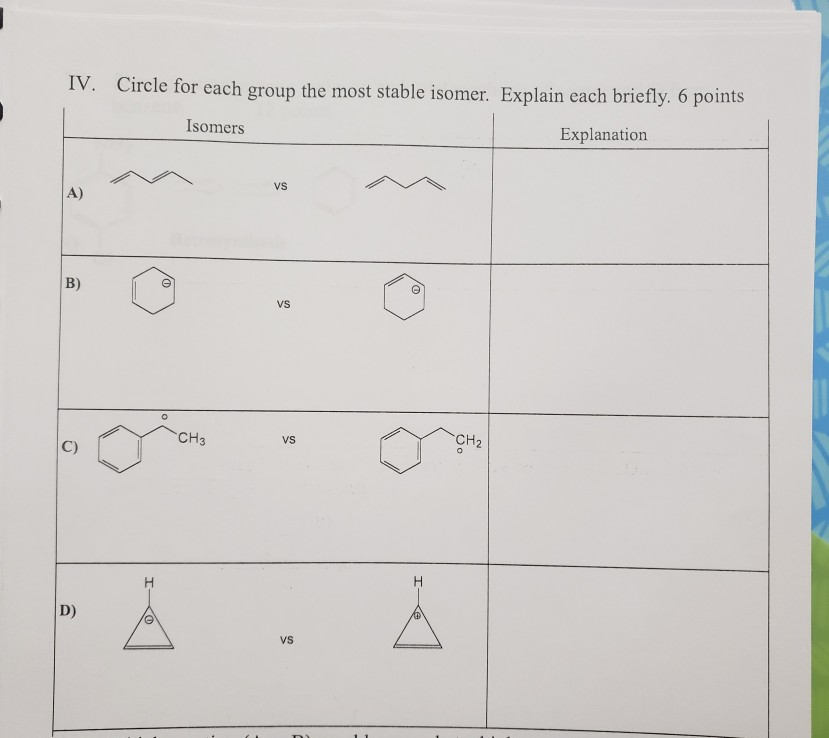Solved IV. Circle for each group the most stable isomer. | Chegg.com
