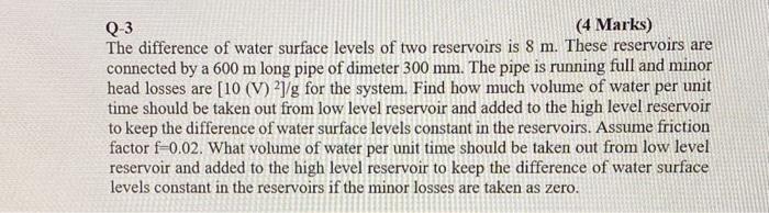 Solved Q-3 (4 Marks) The difference of water surface levels | Chegg.com