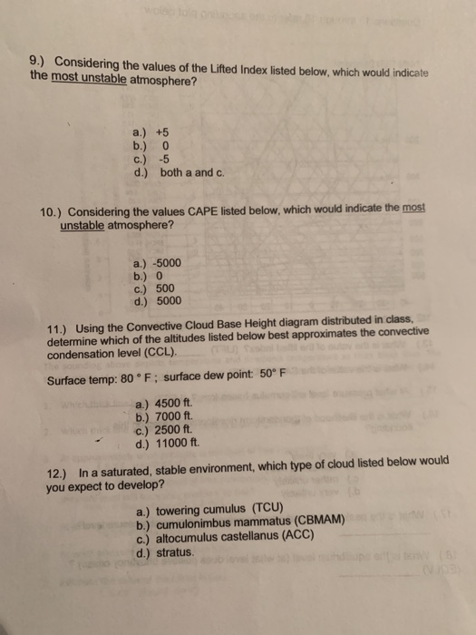 Solved 9.) Considering the values of the Lifted Index listed | Chegg.com
