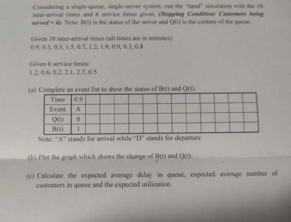 Considering a single-queue, single-server system, run | Chegg.com
