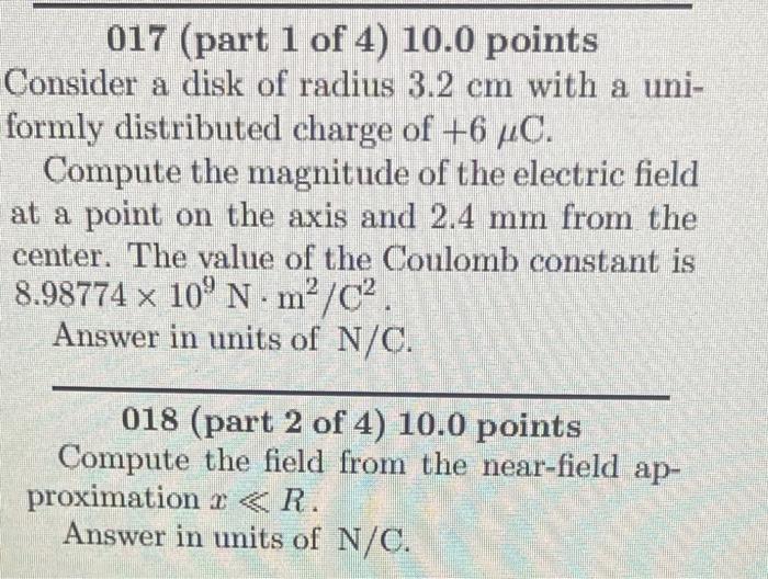 Solved 017 (part 1 of 4 ) 10.0 points Consider a disk of | Chegg.com