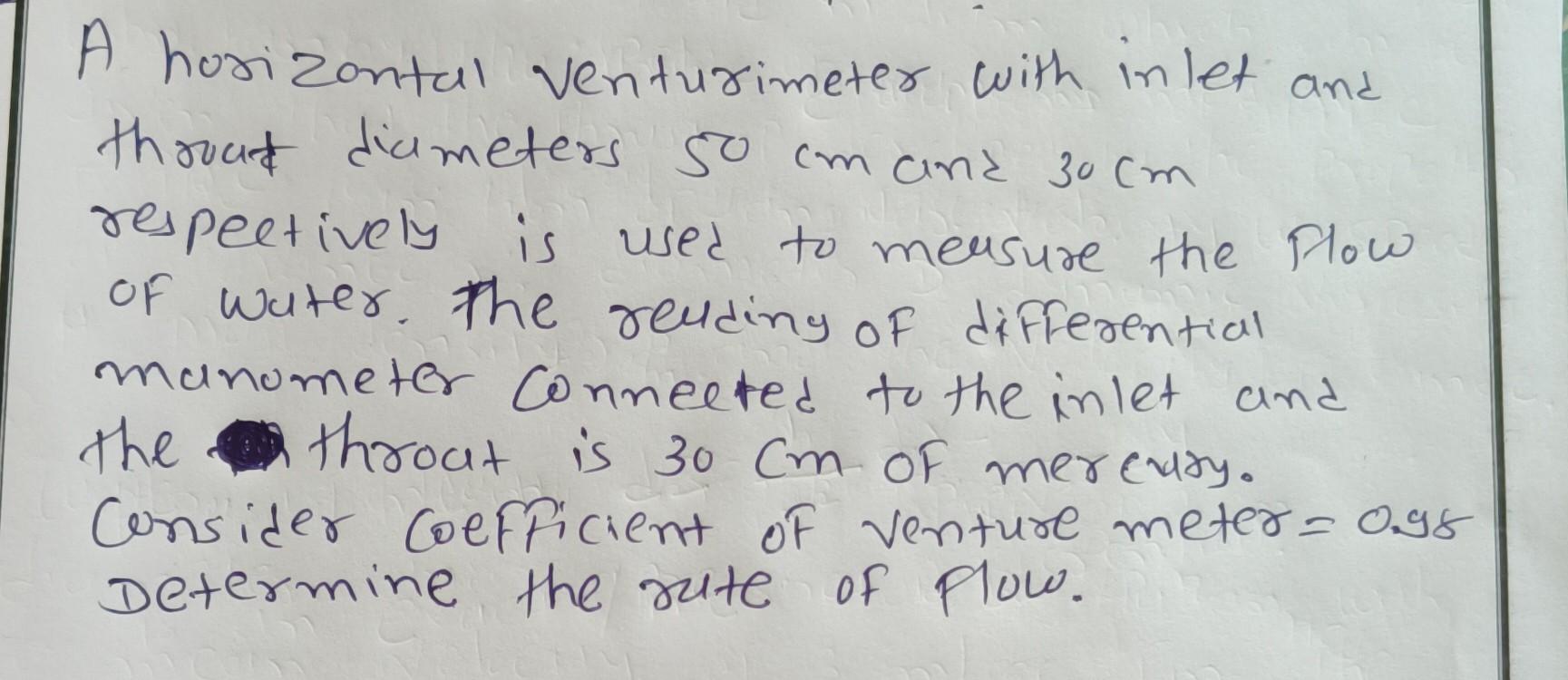 Solved A horizontal venturimeter with inlet and throat | Chegg.com