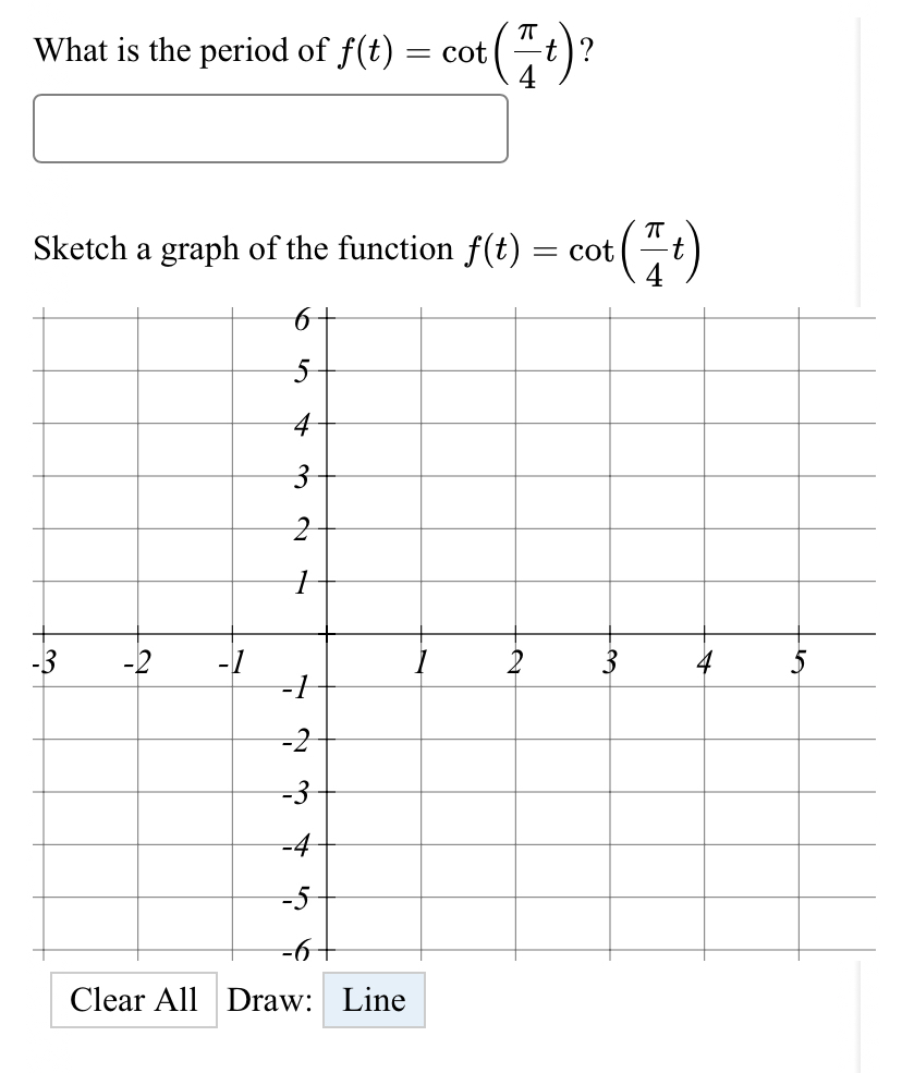 Solved What is the period of f(t)=cot(π4t) ?Sketch a graph | Chegg.com