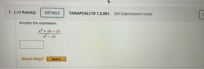 Solved Simplify the expression. x2−25x2+2x−15 | Chegg.com