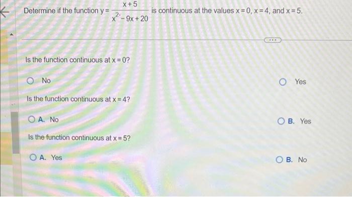 Solved Determine if the function y=x2−9x+20x+5 is continuous | Chegg.com