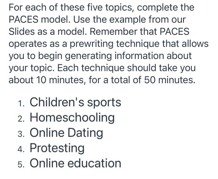 For each of these five topics, complete the PACES | Chegg.com