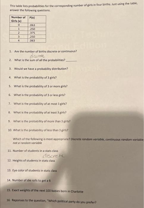 Solved This table lists probabilities for the corresponding | Chegg.com
