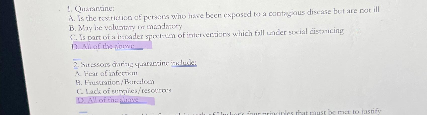 Solved Quarantine:A. ﻿Is the restriction of persons who have | Chegg.com