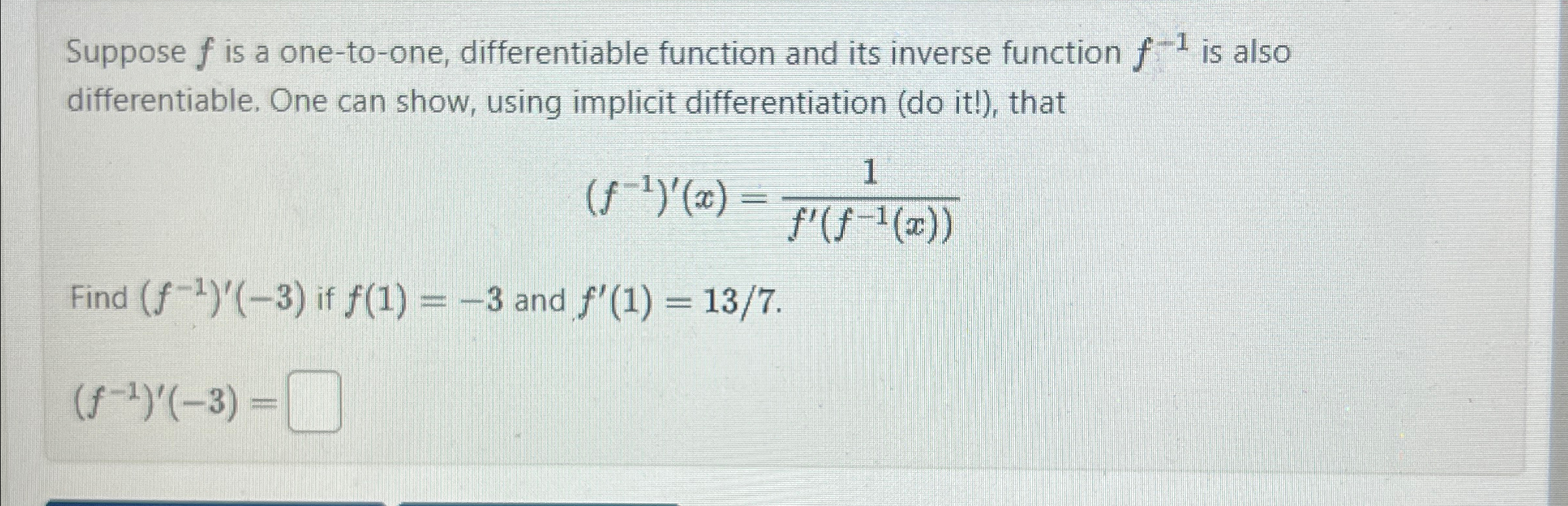 Solved Suppose f ﻿is a one-to-one, differentiable function | Chegg.com