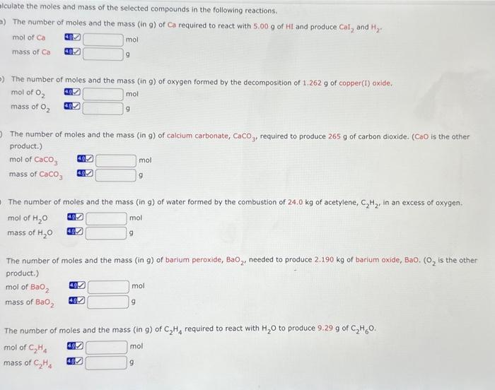 Solved calculate the moles and mass of the selected | Chegg.com
