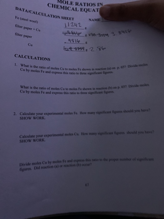 Solved OLE RATIOS IN CHEMICAL EQUAT DATA/CALCULATION SHEET | Chegg.com