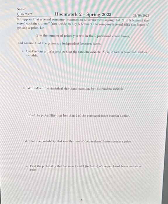 Solved QBA 2302 Hoemwork 2 - Spring 2023 02/10/2023 8. | Chegg.com