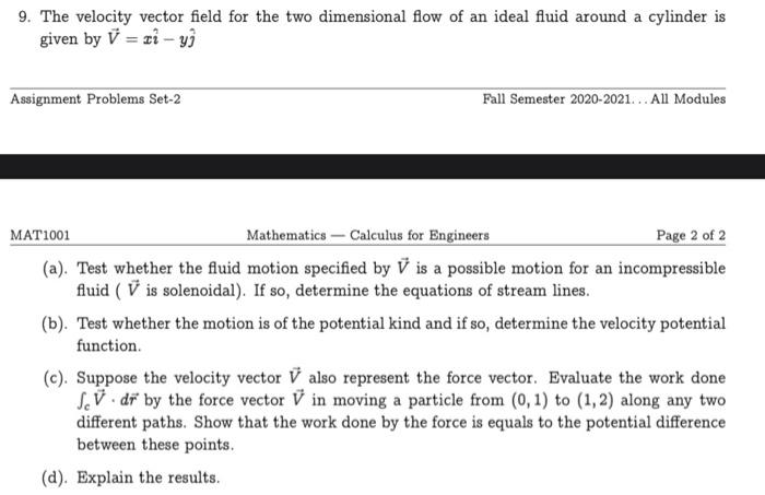 Solved 9. The velocity vector field for the two dimensional | Chegg.com