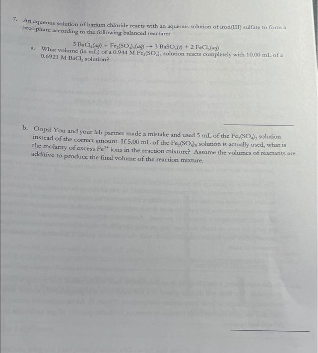 Solved 7. An aqueous solution of barium chloride reacts with | Chegg.com