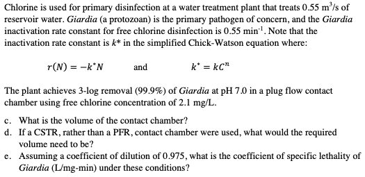 Solved Chlorine is used for primary disinfection at a water | Chegg.com