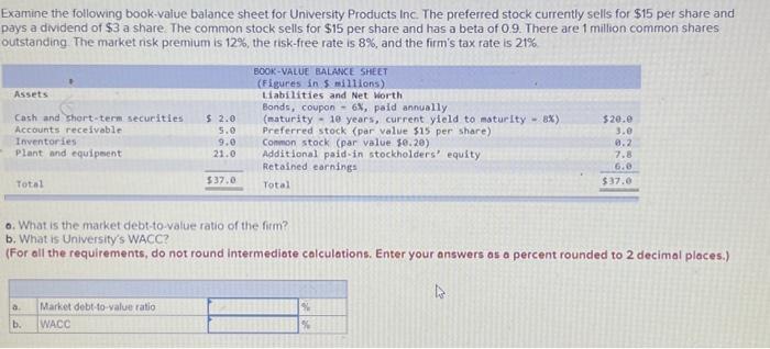 Solved Examine the following book-value balance sheet for | Chegg.com