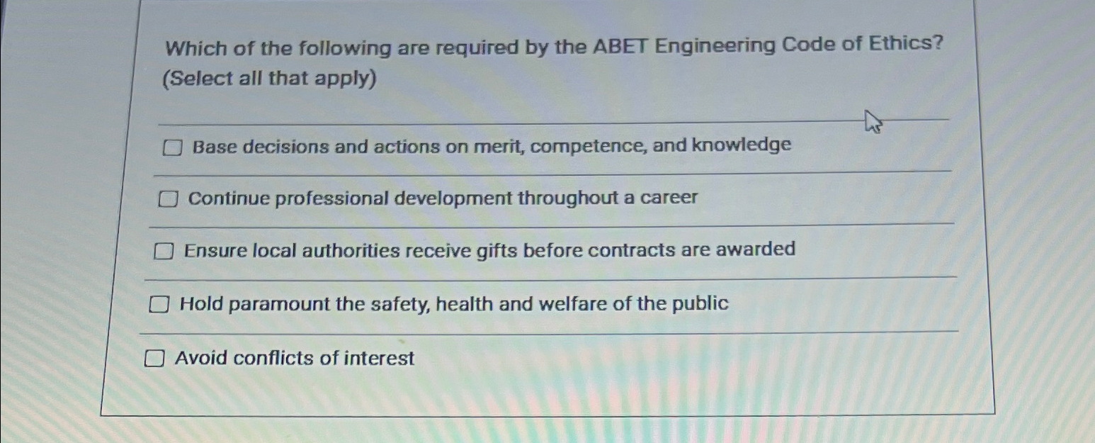 Solved Which of the following are required by the ABET | Chegg.com