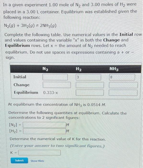 Solved In a given experiment 1.00 mole of N2 and 3.00 moles | Chegg.com