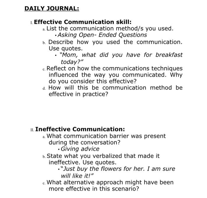 Solved DAILY JOURNAL: I. Effective Communication skill: a. | Chegg.com