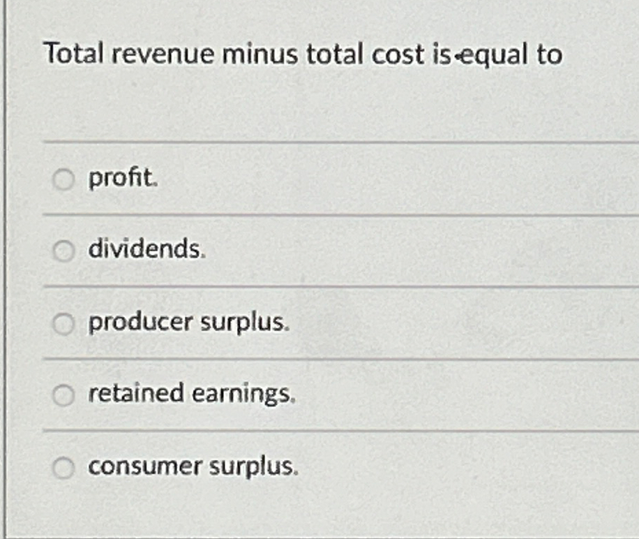 Solved Total revenue minus total cost is equal | Chegg.com