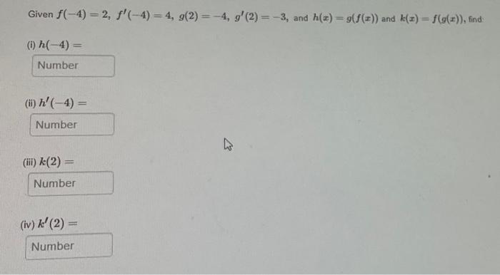 Solved Given f(-4)= 2, f'(-4)= 4, g(2)=-4, g' (2) = -3, and | Chegg.com