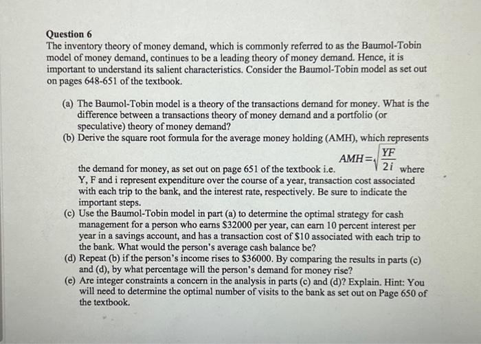 Solved Question 6 The inventory theory of money demand, | Chegg.com