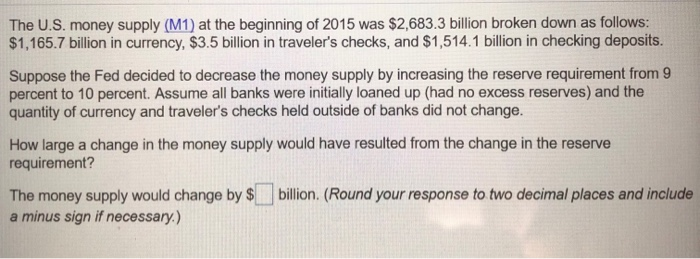 Solved The U.S. money supply (M1) at the beginning of 2015 | Chegg.com