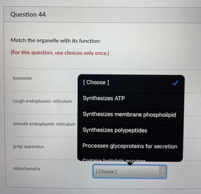 Solved Question 44 Match the organelle with its function: | Chegg.com