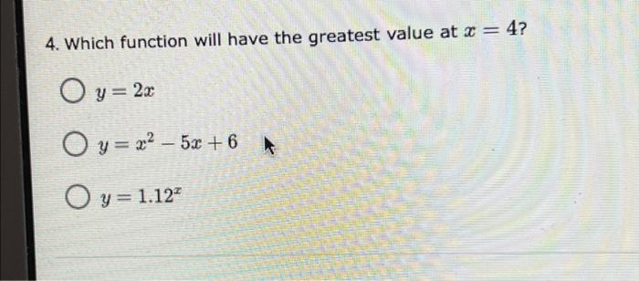 Solved 4. Which function will have the greatest value at x = | Chegg.com