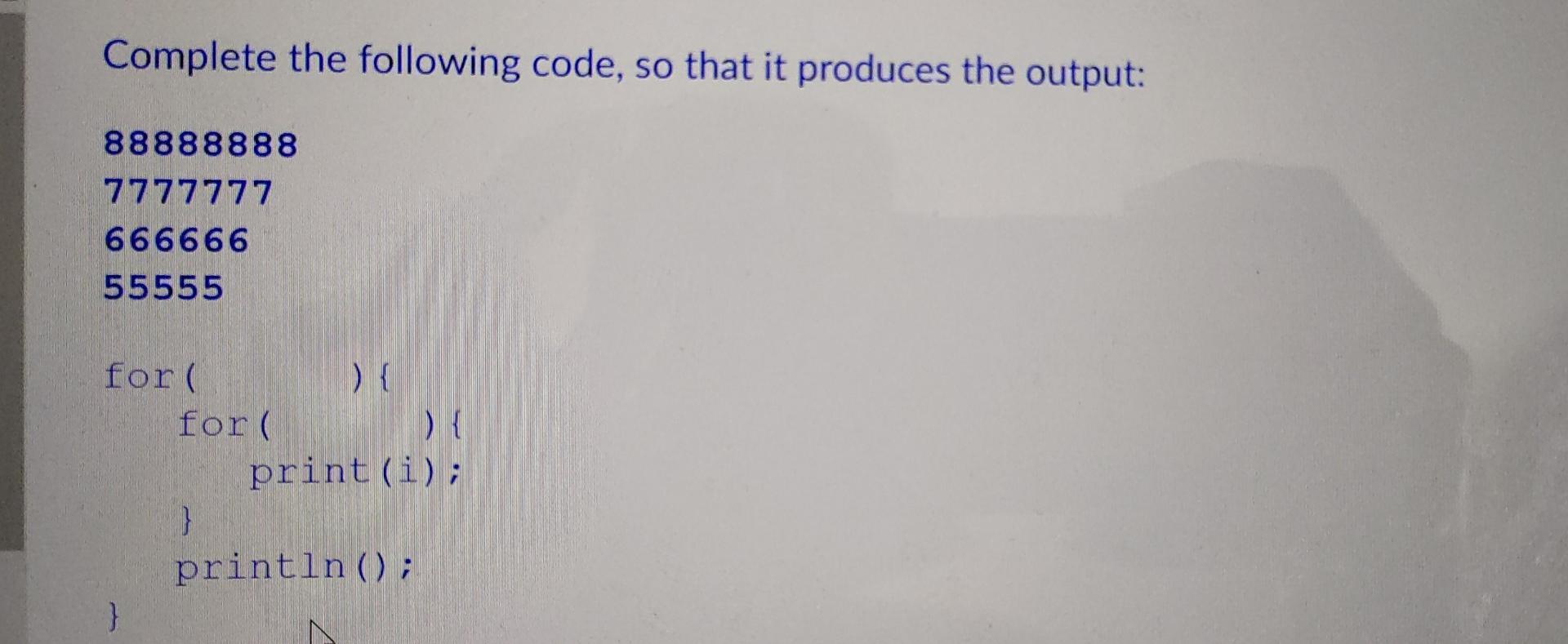 Solved Complete the following code, so that it produces the | Chegg.com