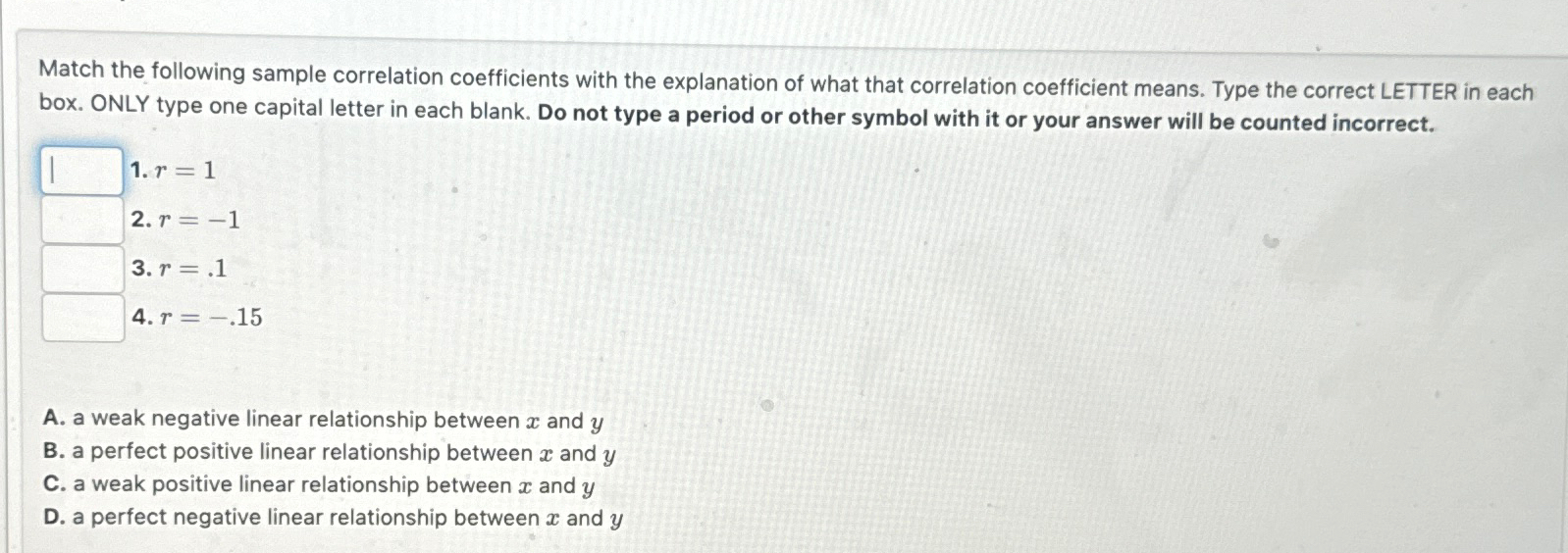 Solved Match the following sample correlation coefficients | Chegg.com