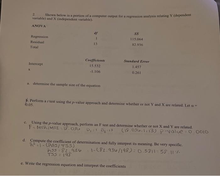 Solved 2. Shown below is a portion of a computer output for | Chegg.com