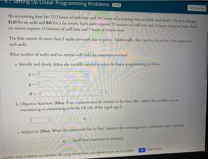 Solved 3.1 Setting Up Linear Programming Problems OPEN I am | Chegg.com