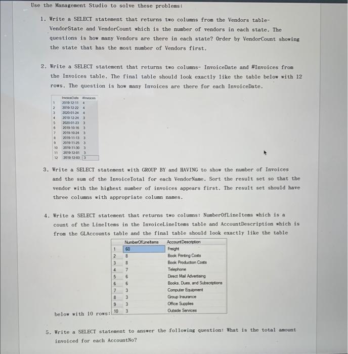 Solved Use the Management Studio to solve these problems: 1. | Chegg.com