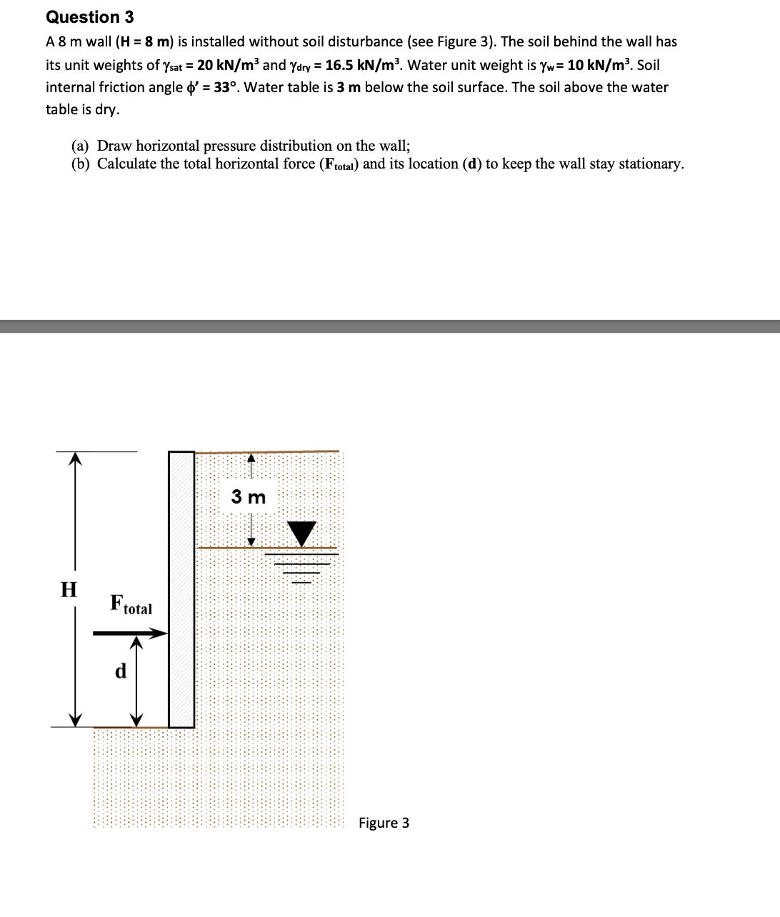 Solved Question 3A 8m ﻿wall (H=8m) ﻿is installed without | Chegg.com