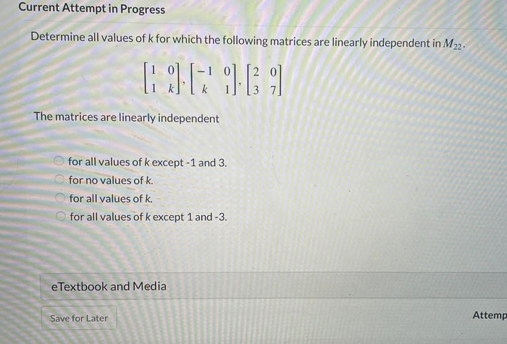 Solved Current Attempt in Progress Determine all values of k | Chegg.com