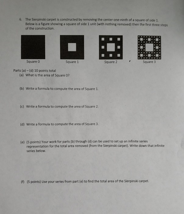 Solved 6. The Sierpinski carpet is constructed by removing | Chegg.com