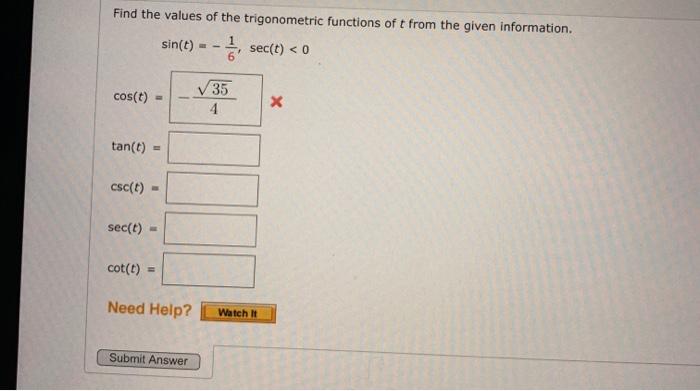 Solved Find the values of the trigonometric functions of t | Chegg.com