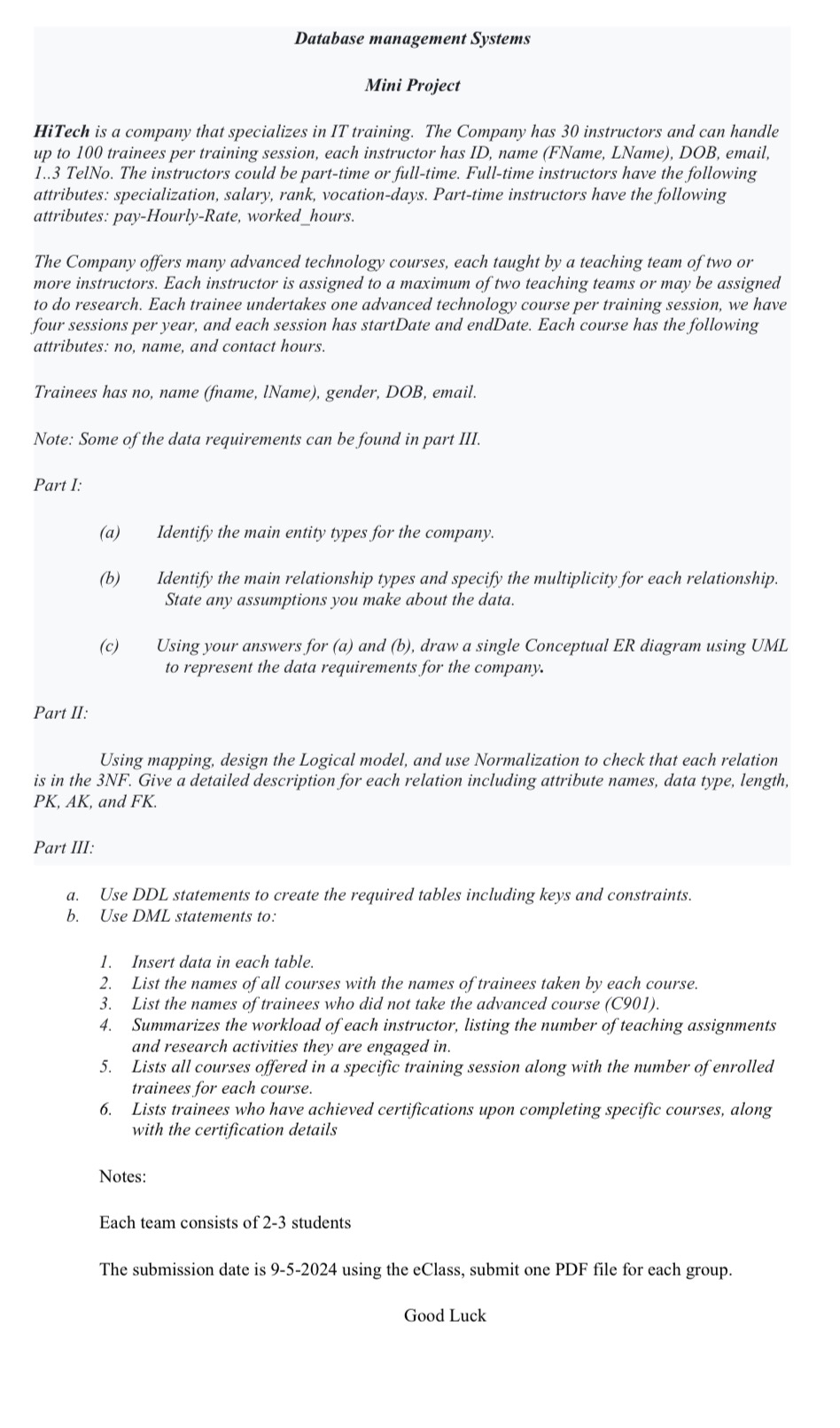 Solved Database management SystemsMini ProjectHiTech is a | Chegg.com