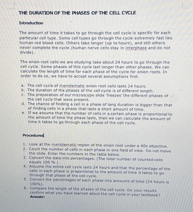 Solved THE DURATION OF THE PHASES OF THE CELL CYCLE | Chegg.com