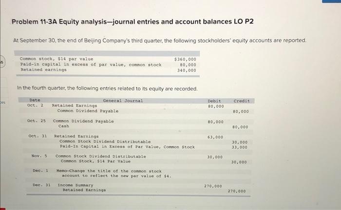Solved Problem 11-3A Equity analysis-journal entries and | Chegg.com