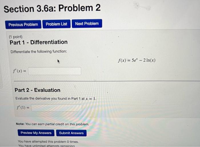 Solved (1 point) Part 1 - Differentiation Differentiate the | Chegg.com