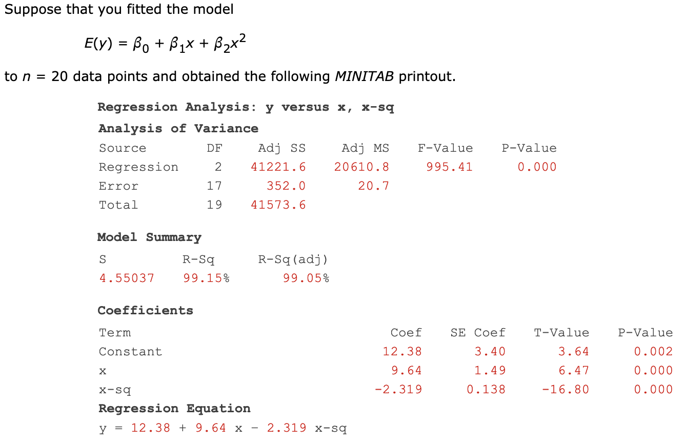 Suppose that you fitted the modelE(y)=β0+β1x+β2x2to | Chegg.com