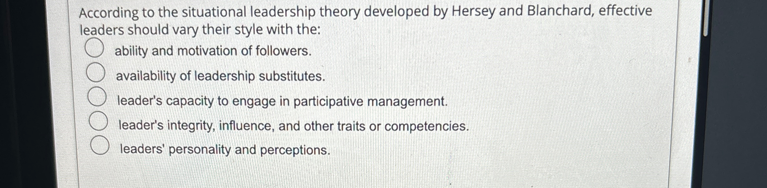 Solved According to the situational leadership theory | Chegg.com