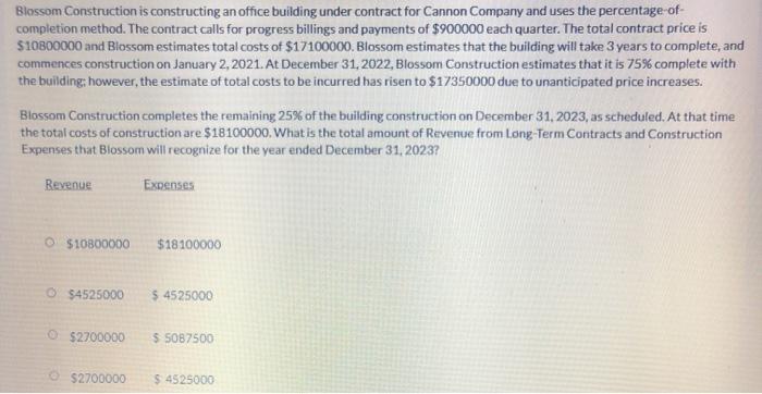 Solved Blossom Construction is constructing an office | Chegg.com