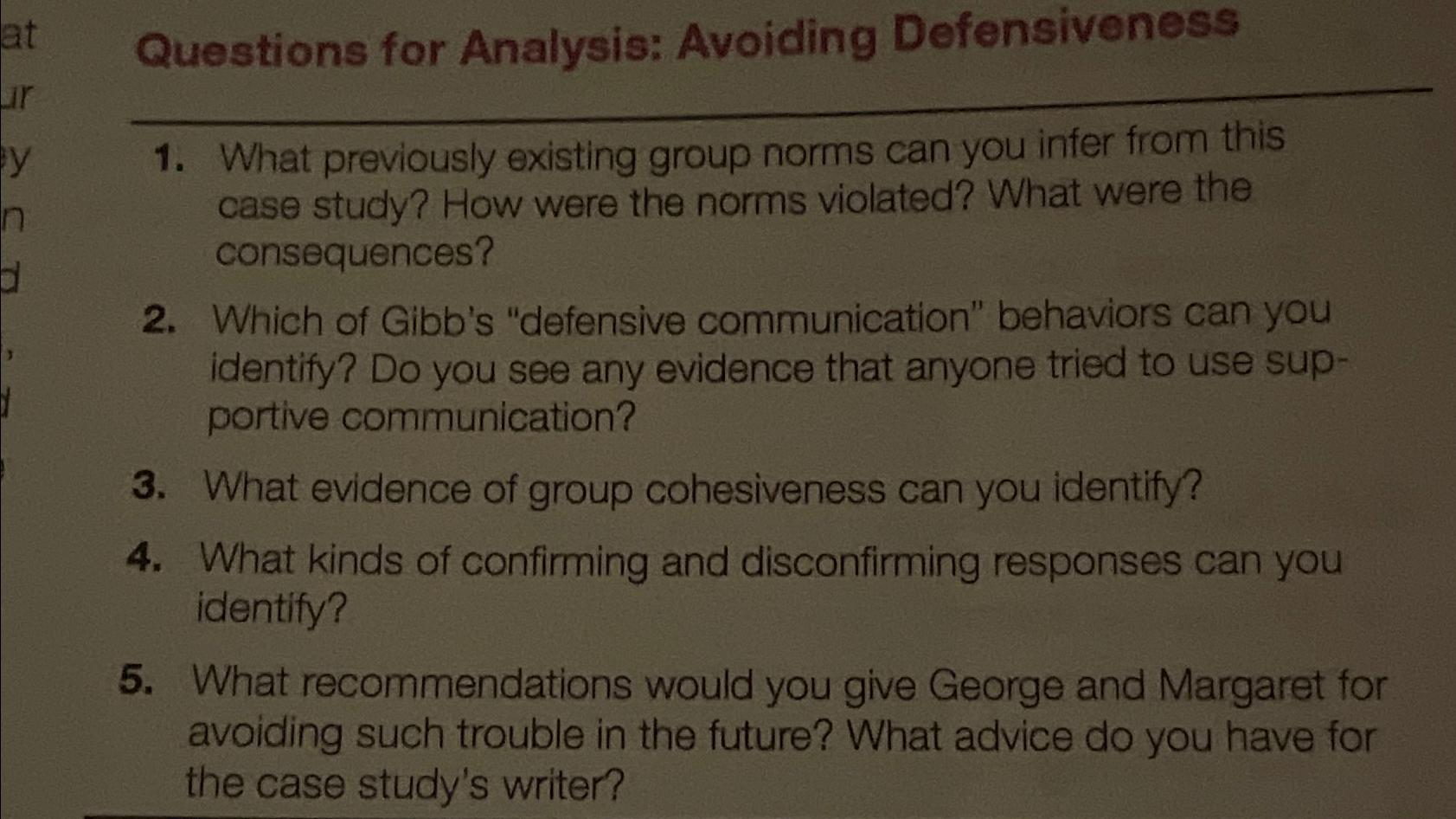 Solved Questions for Analysis: Avoiding DefensivenessWhat | Chegg.com