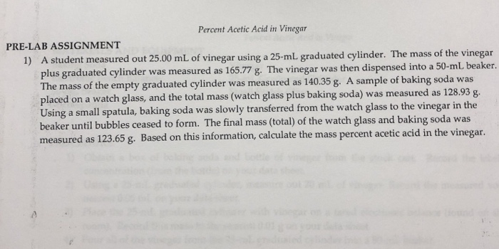 Solved Percent Acetic Acid in Vinegar PRE-LAB ASSIGNMENT 1) | Chegg.com