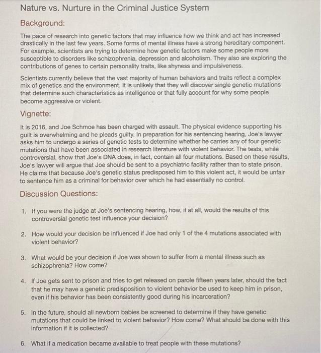 Solved Nature vs. Nurture in the Criminal Justice System | Chegg.com